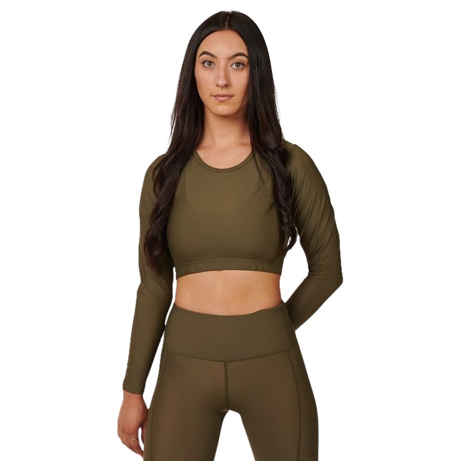 o2fit Womens Compression Long Sleeve Crop Top - Army Green | RunDNA