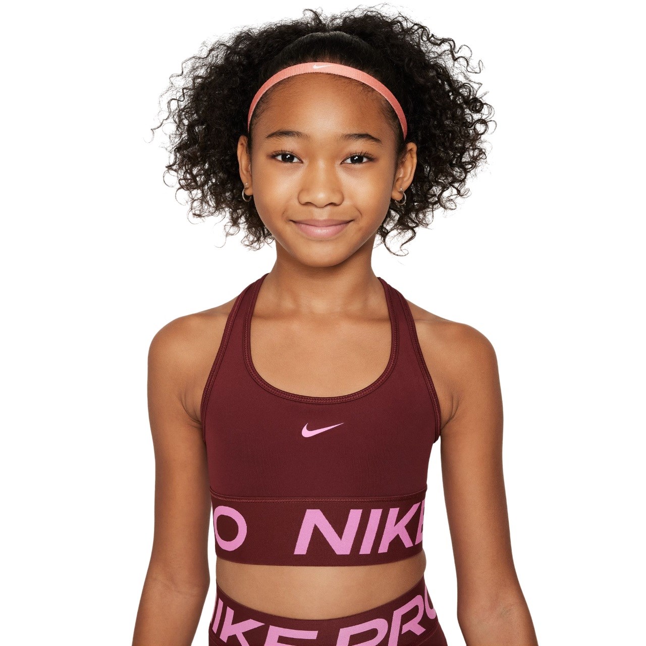 Nike Pro Swoosh Kids Girls Sports Bra - Dark Team Red/Playful Pink | RunDNA